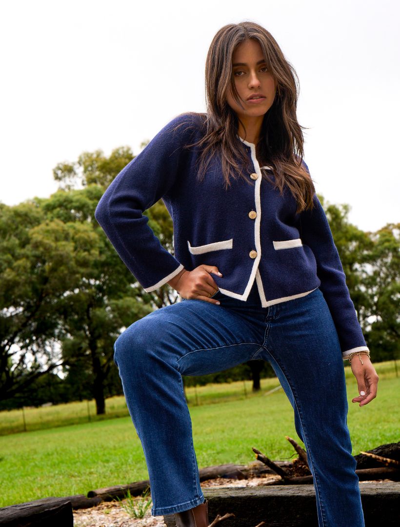 Navy Wool Jacket | Gabrielle Striped Knit Jacket - Zjoosh