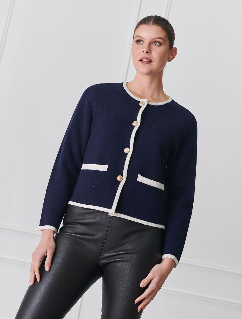 Navy Wool Jacket | Gabrielle Striped Knit Jacket - Zjoosh