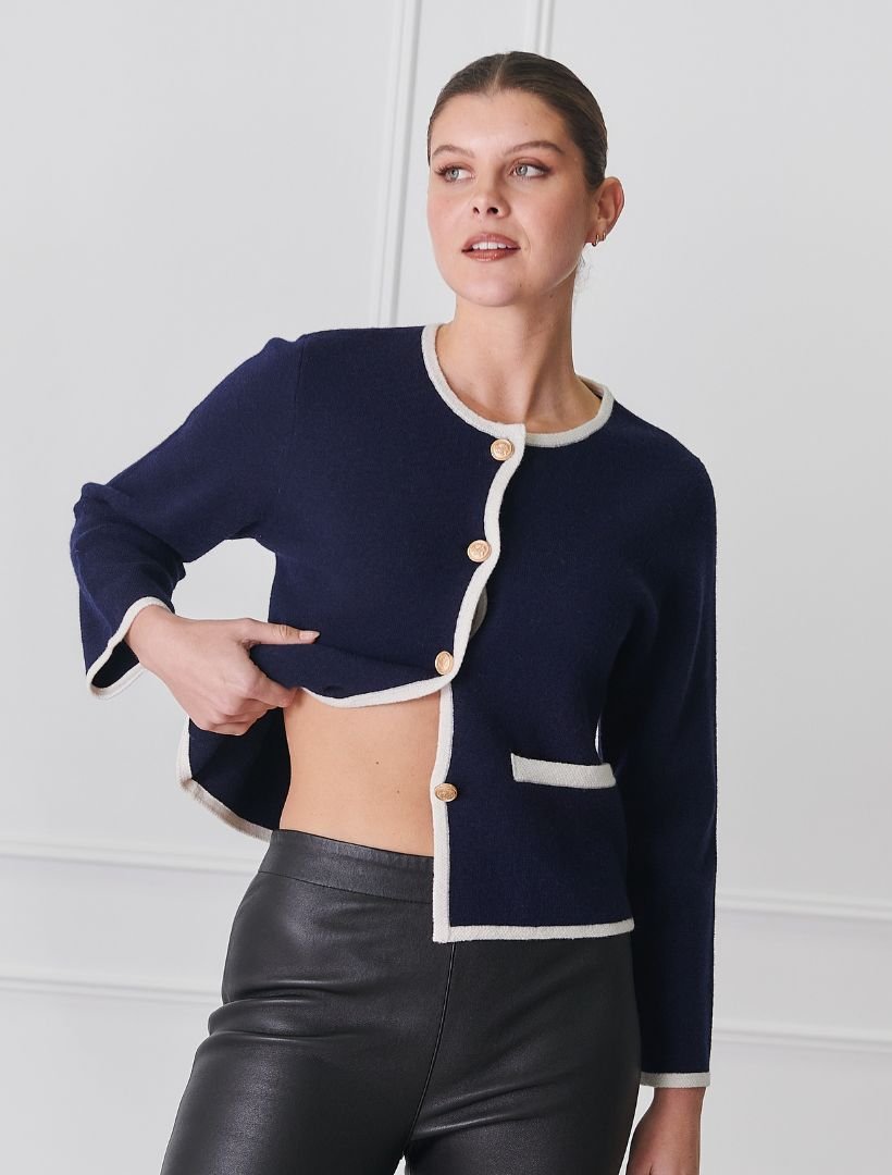 Navy Wool Jacket | Gabrielle Striped Knit Jacket - Zjoosh
