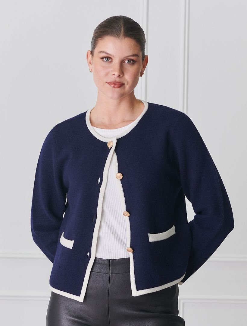 Navy Wool Jacket | Gabrielle Striped Knit Jacket - Zjoosh